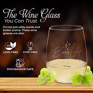 Loco Llama Boss Lady Off Duty Stemless Wine Glass | 17oz Tumbler with Inspirational Quote | Embellished with Real Gold | Self Care Gift For Working Women, Entrepreneurs & Business Owners