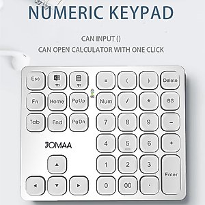 JOMAA 36 Keys Bluetooth Numeric keypad Portable Mini Financial Accounting Rechargeable Number pad Ultra-Silent for iPad Laptop,Mac, iMac, Tablet, PC and Desktop (Silver)