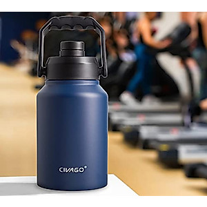 CIVAGO Half Gallon Insulated Water Bottle Jug with Handle, 64 oz Stainless Steel Sports Water Flask, Large Metal Canteen Growler, Black