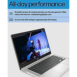 HP Chromebook 14 Laptop, Intel Celeron N4120, 4 GB RAM, 64 GB eMMC, 14" HD Display, Chrome OS, Thin & Portable, 4K Graphics, Long Battery Life, Ash Gray Keyboard (14a-na0210nr, 2022, Mineral Silver)