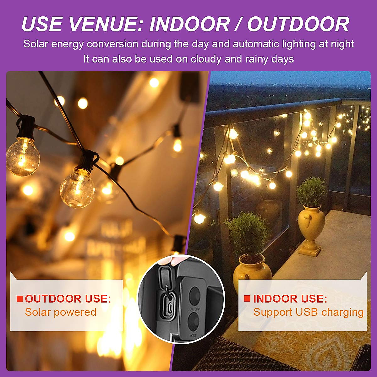 JFQSUNSINE Solar String Lights Outdoor, 25Ft 15 LED Bulbs Waterproof G40 Patio Lights, Solar Powered String Lights with USB Charging, 4 Modes for Party Patio Garden Wedding Xmas Decoration