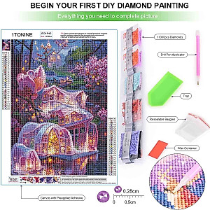 1tonine DIY Diamond Painting Kits for Adults - Flower Pink House Dream Scenery (Canvas) Full Round Drill Diamond Art Kits for Beginnners - Valentines Day Gifts Wall Room Decor (12x16inch/30×40cm)