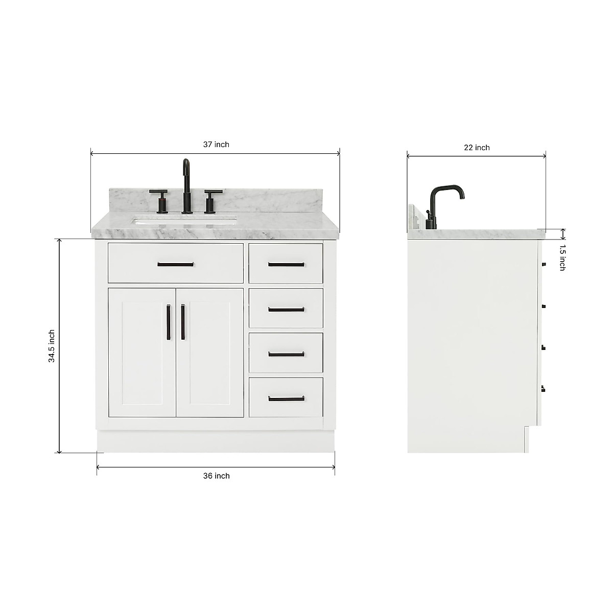ARIEL Bathroom Vanity 37" White 1.5" Edge Italian Carrara Marble Countertop & Splash, Left Rectangular Sink, 2 Soft Closing Doors, 5 Full Extension Dovetail Drawers, Toe Kick, Matte Black