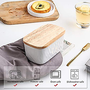 KOOV Porcelain Large Butter Dish with Lid for Countertop, Airtight Butter Container with Oak Lid, Butter Crock, Perfect for 2 Sticks of Butter, Texture Series (White)