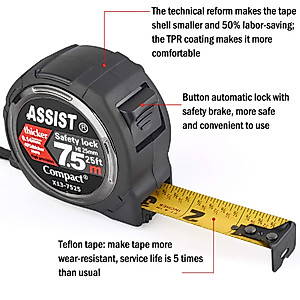25FT Measuring Tape by ASSIST-Easy Read Double Side Printing with Metric and Inches，2.6m Level Standout Blade,Heavy Duty Shock Absorbent Rubber Case-for Construction，Surveyor