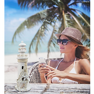 Puzzled COTA Global White Lighthouse Decor - Handmade and Crafted Wooden Lighthouse Decoration with Starfish and Fish Net, Decorative Beach Style Tabletop Centerpiece - 11 Inches