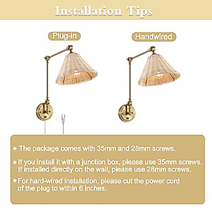 WINGBO Wall Sconce Rattan Wrapped Wall Lamp, Adjustable Swing Arm Wall Light Gold Vintage Bedside Light Fixture Wicker Handmade Shade Brass Reading Light Plug in or Hardwire (2 Pack)