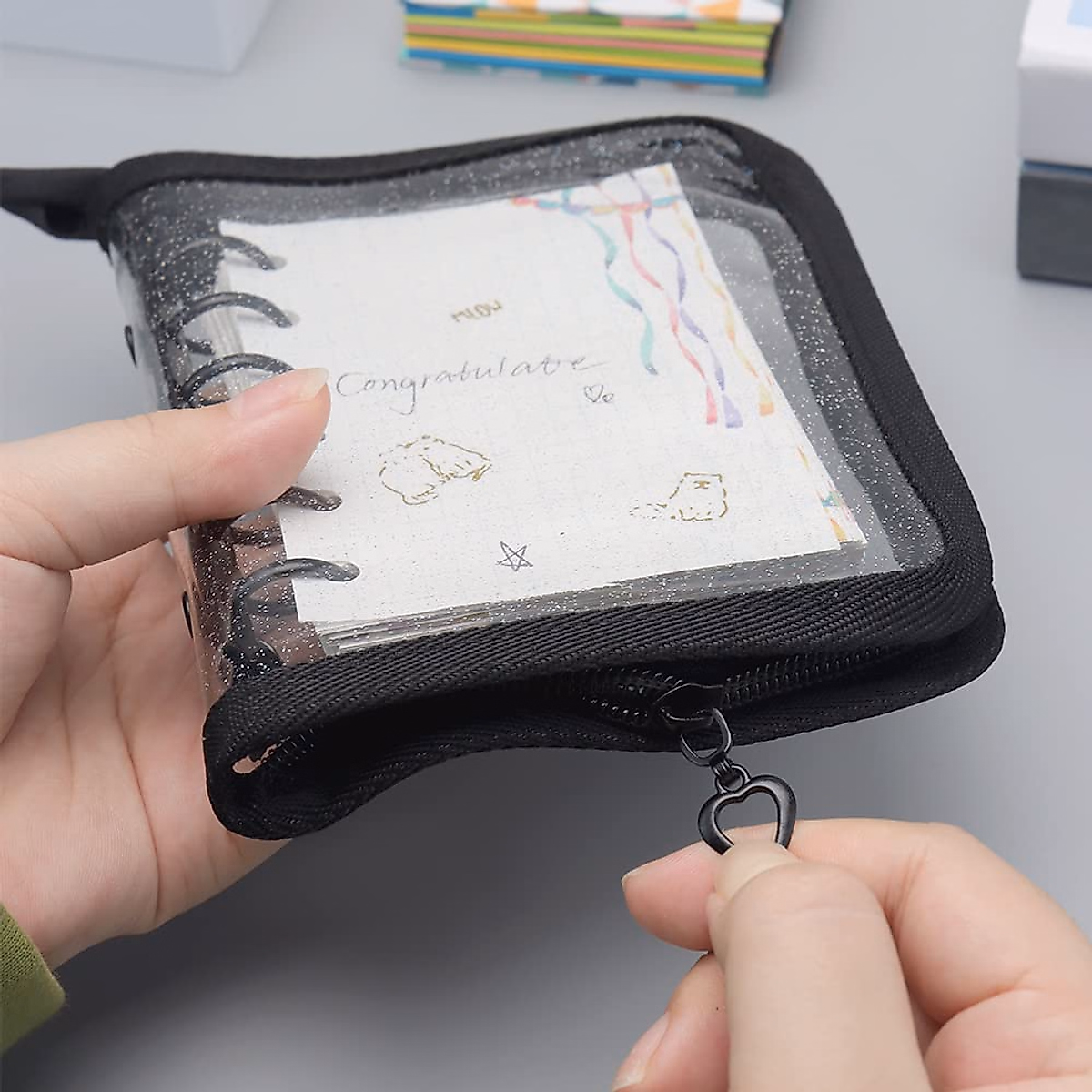 Clear A7 Binder Wallet Zipper Balck 6 Ring Glitter Budget Binders Loose Leaf Zip Up Binding Cover for Cash Envelopes System Photocard Album Journaling Planner (Black 4.5“x6)