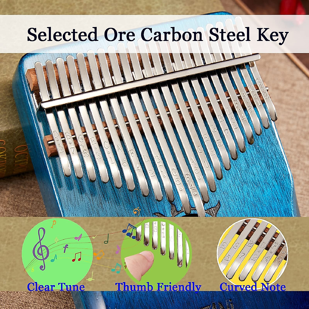TienClef Kalimba Thumb Piano 21 Keys with Engraved Notes Deer Pattern Handhold Cute Finger Zebrawood Solid Wood Portable Musical Instrument Music Book for Kids Adult Beginner (Gradual Blue)