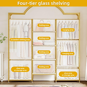 DWVO Heavy Duty Clothes Rack with Storage Shelves, Closet Organizer System for Hanging Clothes, 4-Tier Garment Rack Wardrobe with 3 Hanging Rods and 6 Shelves, Gold