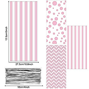 105 PCS Baby Shower Cellophane Treat Bags, Gender Reveal Candy Bag Polka Dot Stripes Printed Plastic Goodie Favor Bags with 100 Silver Twist Ties for Christmas Birthday Party Decor(Light Pink)
