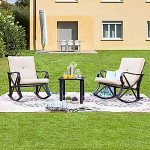 LOKATSE HOME 3 PCS Patio Bistro Furniture Outdoor Conversation Sets with Metal Cushions Rocking Chairs and Coffee Table for Backyard Deck Lawn Garden, Beige