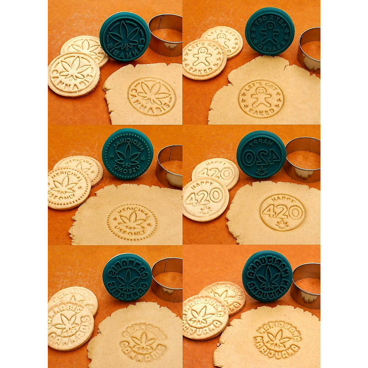 PJ BOLD Marijuana Silicone Cookie Stamps, Stainless Steel Cookie Cutter, Wood Handle, Party Novelty Gift, 6 Stamp Set