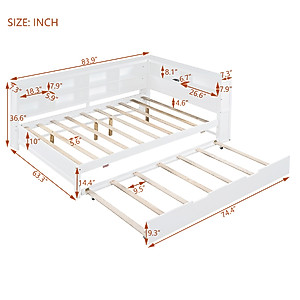 Harper & Bright Designs Full Daybed Frame with L-Shaped Bookcases, Wood Bed Frames with Trundle and USB Ports,Full Size Platform Bed with Storage Shelf and Charging Station for Kids Girls Boys, White