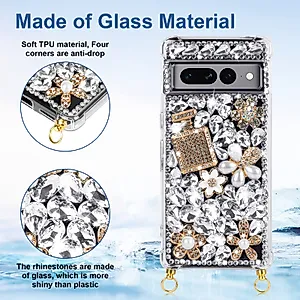 Leiju Case for Google Pixel 7 Pro with Strap Glitter Design,3D Handmade Sparkle Stunning Stones Crystal Diamond Bling Glitter Phone Case for Google Pixel 7 Pro
