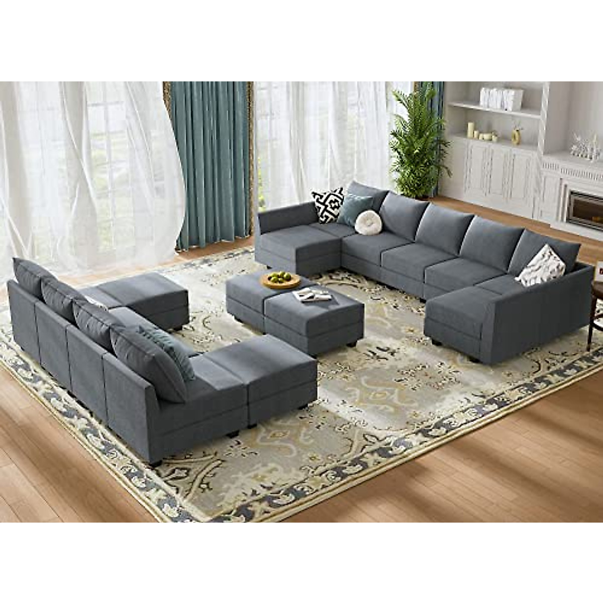 HONBAY Oversized Modular Sofa U Shape Modular Couch with Chaise Modular Sectional Couch Sofa with Storage Seats, Bluish Grey