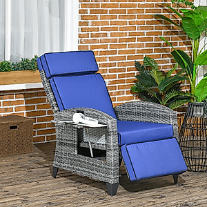 Outsunny Outdoor Recliner Chair with Adjustable Armrests, Footrest, PE Wicker Reclining Patio Lounge Chair with Cushions, Side Tray Table for Porch, Balcony, Dark Blue