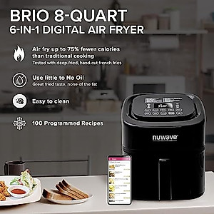 Nuwave Brio 8-Qt Air Fryer, Powerful 1800W, Easy-to-Read Cool White Display, 50°-400°F Temp Controls, 100 Presets & 50 Memory, 3 Wattages 700, 1500, 1800, Linear T Technology, Built-In Safety Features