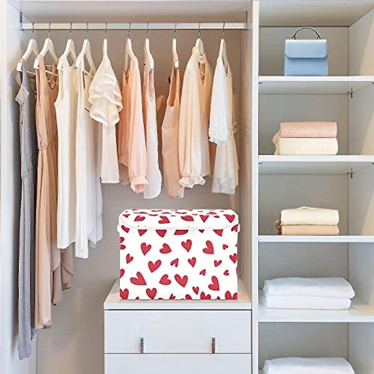 CaTaKu Heart Red Cute Storage Bins with Lids and Handles, Fabric Large Storage Container Cube Basket with Lid Decorative Storage Boxes for Organizing Clothes