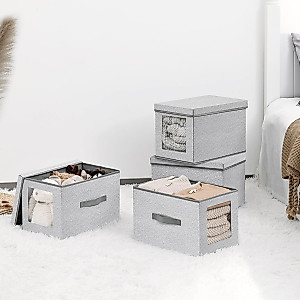 Homsorout Fabric Bins for Storage - Decorative Storage Basket with Lid, Clothes Storage Cubes with Side Window, Collapsible Storage Containers for Home, Deep Shelves, 4 Pack, Light Gray