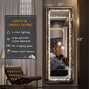 Hasipu Full-Length Mirror 63”×20” with Lights and Crystal Crush Diamond, Wall Mounted Hanging Diamond Mirror Leaning for Living Room Bedroom