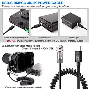 KOERTACOO V-Mount Lock Battery Plate Power Supply Splitter Adapter with V Mount Battery Charging Function + BMPCC 4K/6K USB-C PD Coiled Power Cable for Black Magic Pocket Cinema Camera.