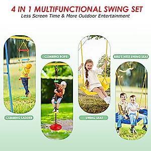 4 in 1 Swing Set for Backyard, Heavy Duty A-Frame Metal Outdoor Stand, 550 lbs Weight Capacity Adjustable Playground Playset for Kids Toddlers with 2 Swing Seat, Climbing Ladder and Climbing Rope