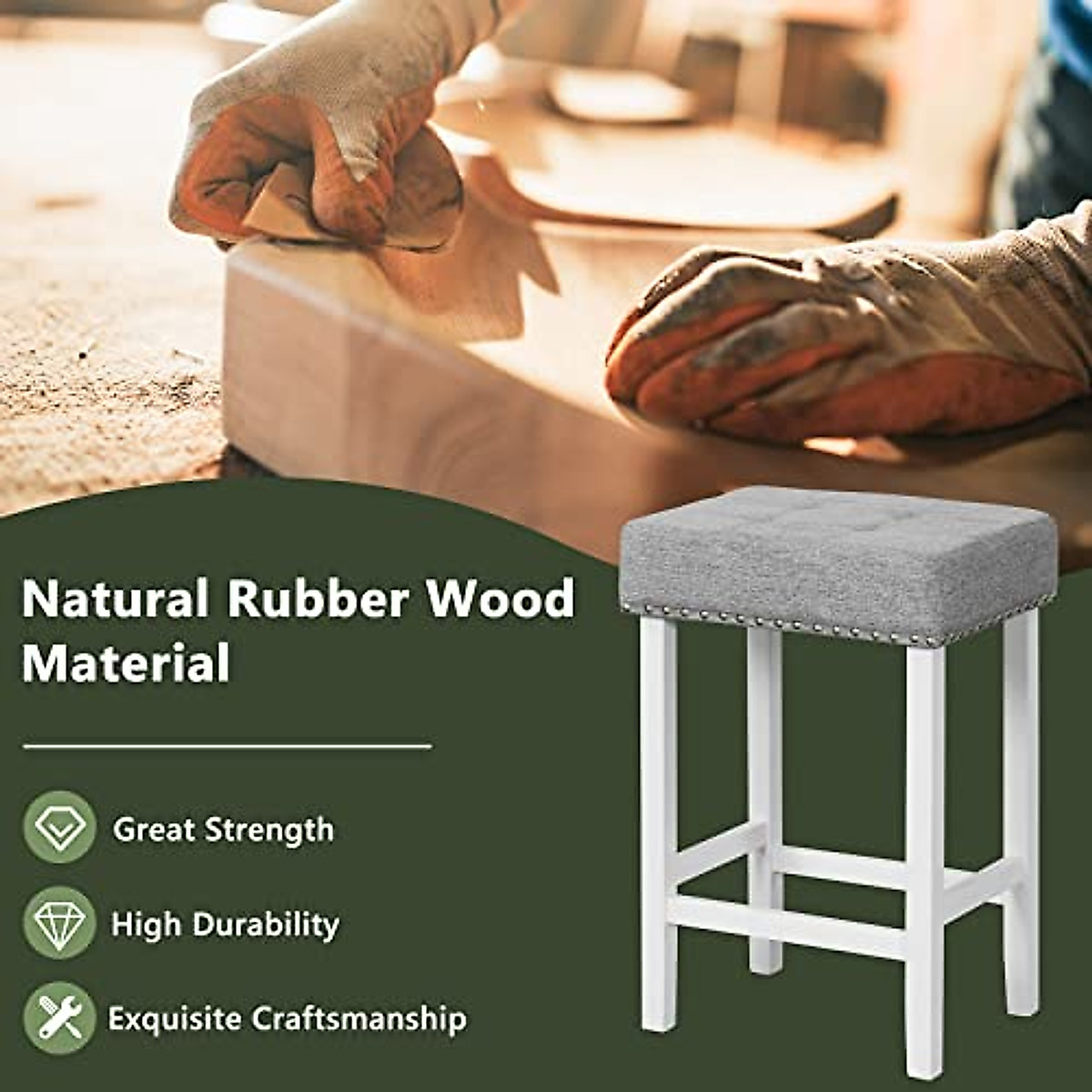 Giantex Bar Stools Set of 2, 24.5" Counter Height Backless Barstools with Nailhead Linen Foam Seat, Foot Rest, Max Load 330 Lbs Rubber Wood Bar Stools for Kitchen Island Pub