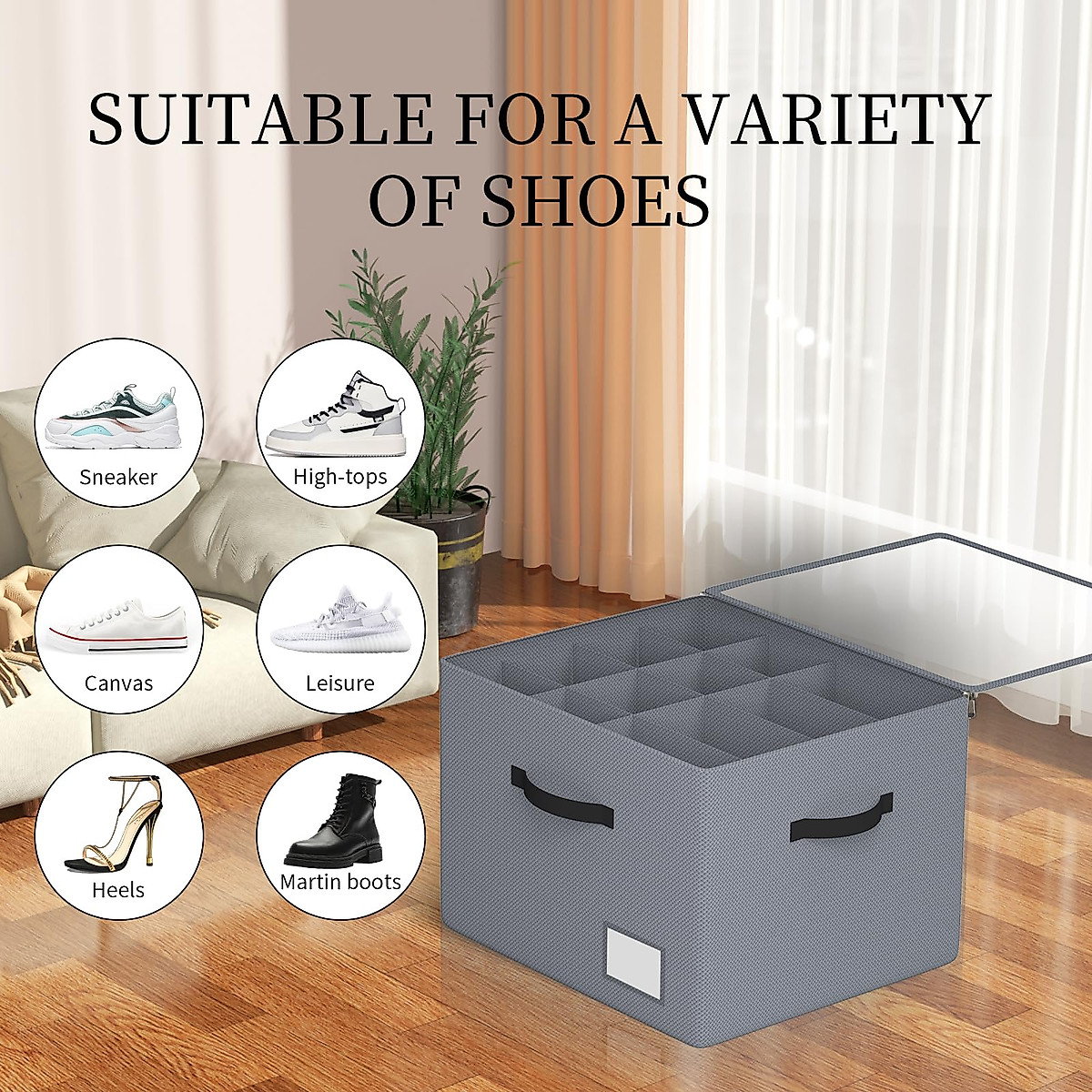 2 Pack Shoe Organizer for Closet, Fits 32 Pairs, Large Shoe Box Storage Containers, Clear Foldable Shoe Storage Bins w/Bottom Support, Space Saving Shoes Holder (Grey)
