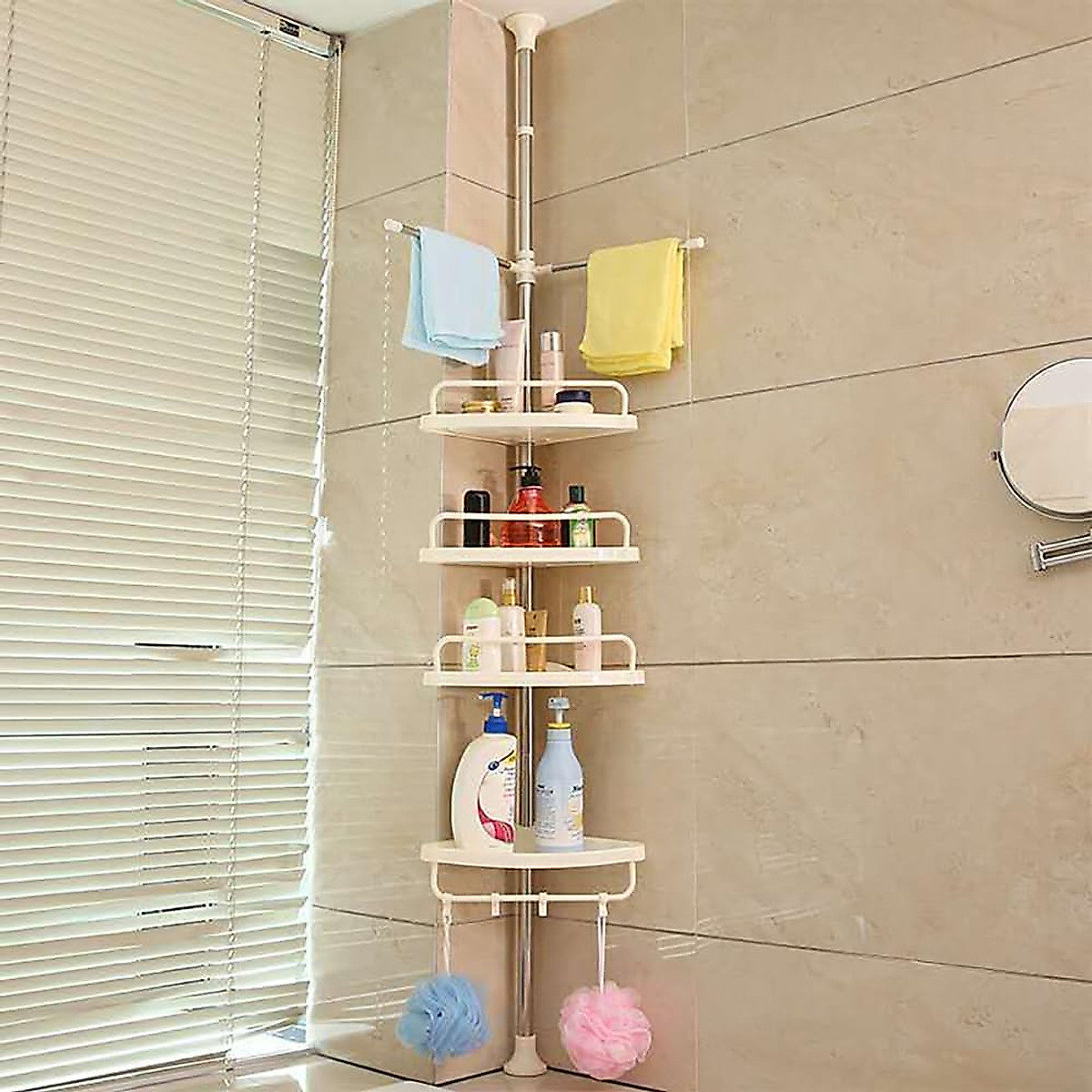 Dodoam 4 Tier Bathroom Corner Shower Rust Proof Telescopic Rod Storage Rack Organizer for Bathtub Shampoo Storage, 43 to 122 Inch Height