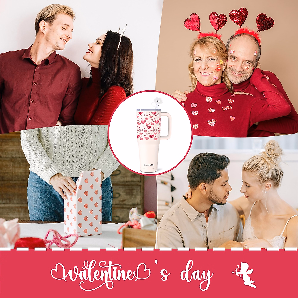 winiwo 40 oz Valentines Tumbler with Handle and Straw, Heart tumbler Gifts for Mom/Women/Wife/Her/Love, Insulated Pink Tumbler, Fits Cupholders, Available Gift Wrapping