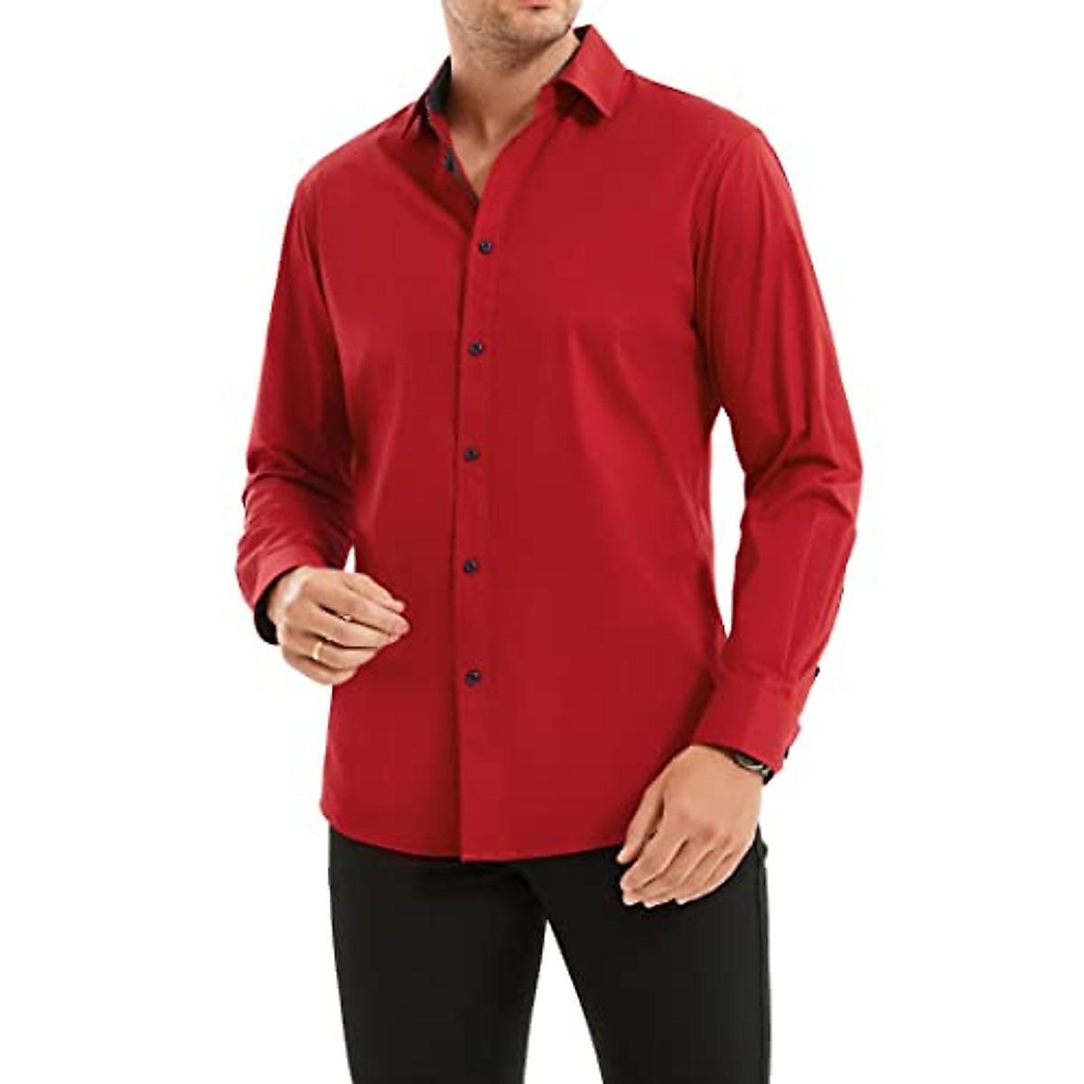 Alex Vando Mens Dress Shirts Regular Fit Long Sleeve Stretch Business Dress Shirts for Men,Red,Large