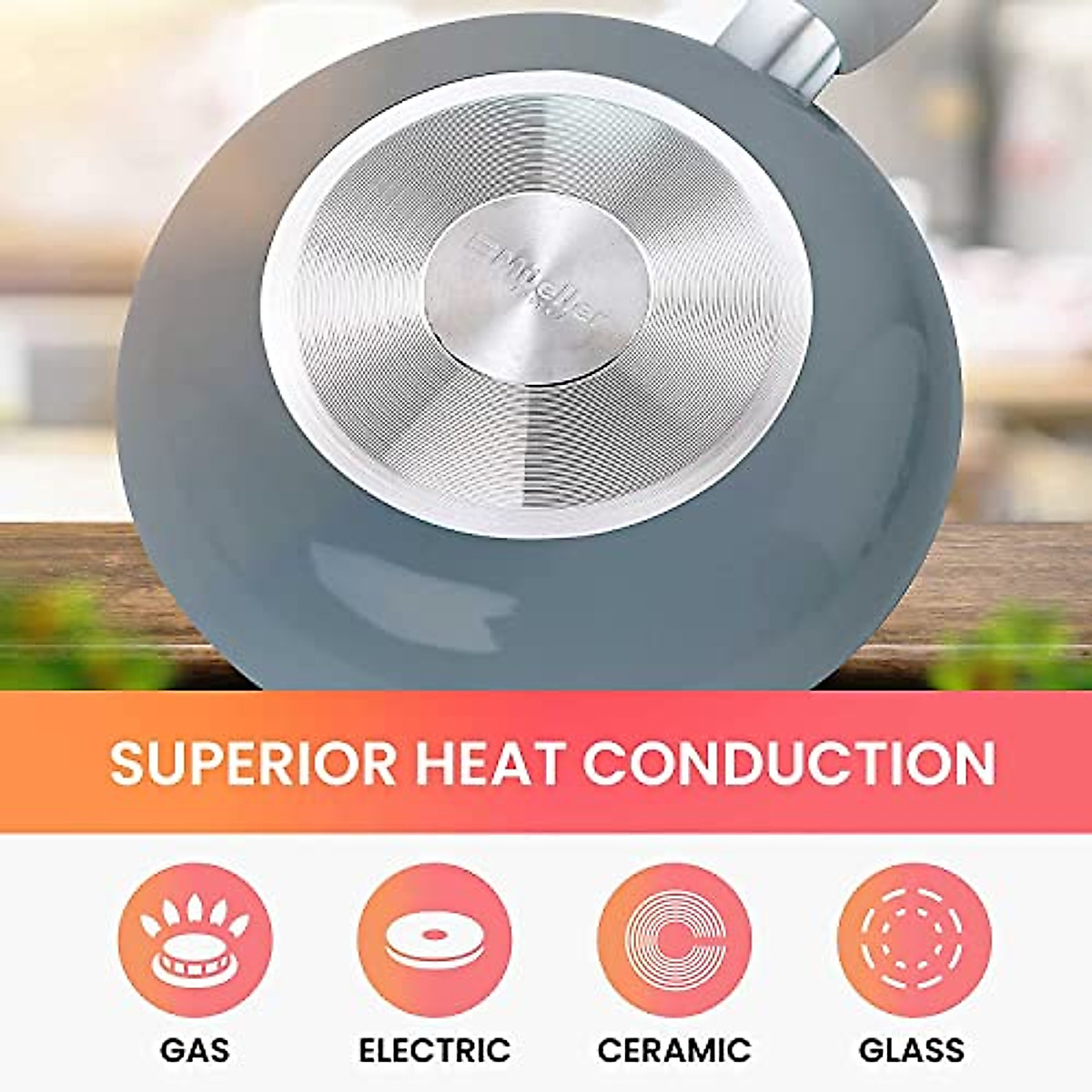 Mueller Pots and Pans Set Nonstick 16-Piece Healthy Stone Kitchen Cookware Sets - PFOS, PFOA Free, Stainless Steel Steamer, Butter Warmer, Deep Fry Pan, Sauce Pan, Pot, Vented Glass Lids, Light Grey