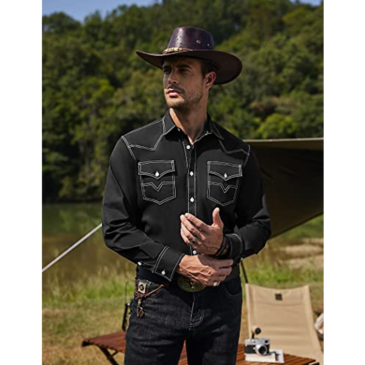 COOFANDY Mens Shirt Western Dress Long Sleeve Casual Cotton Button Down Denim Work, 01-Black, Large, Long Sleeve