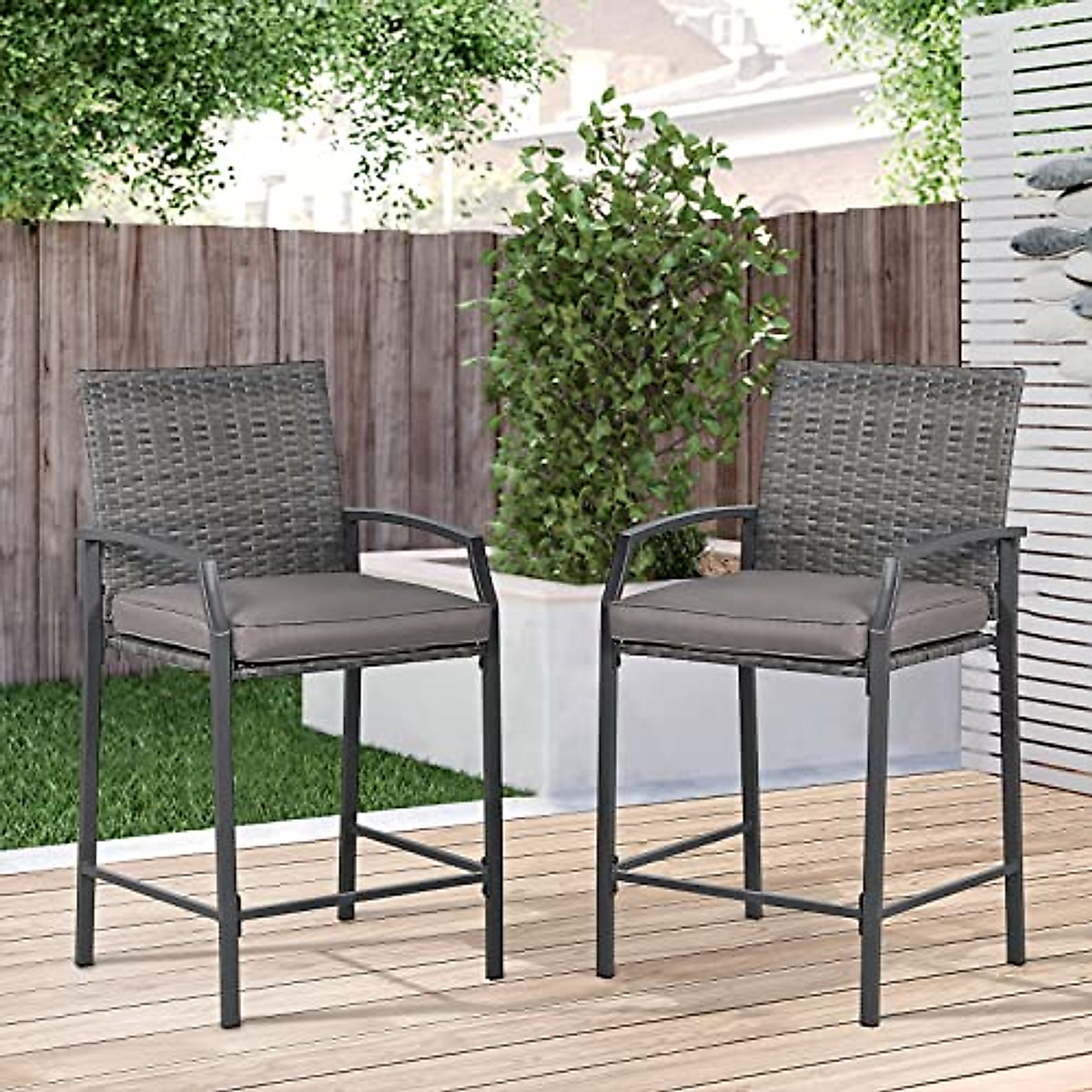 JOIVI Outdoor Wicker Bar Stools Set of 2, Patio Rattan Counter Height Chairs with Cushions, Armrest and Footrest for Indoor, Garden, Poolside, Lawn, Backyard