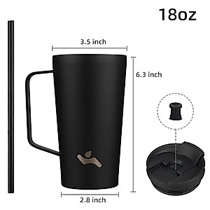 Insulated Tumbler with Handle and Straw, 18 OZ Travel Coffee Mug Stainless Steel Cup Metal Water Bottle,Black