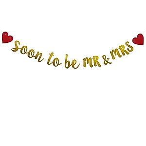 Soon to Be MR & MRS Banner, Pre-strung,No Assembly Required, Bachelorette/Bridal Showers/Engagement/Wedding Party Supplies Decorations, Gold Glitter Paper Garlands Backdrops, Letters Gold Betteryanzi