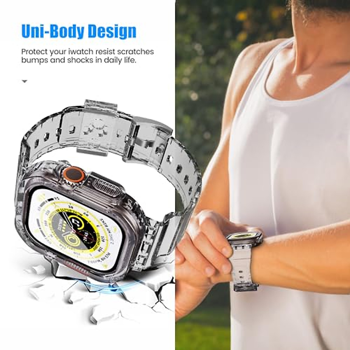 ABELTA Band Compatible for Apple Watch Ultra 49mm with Bumper Case Cover, Clear Crystal Men Women Durable Sport Transparent Protective Band for iWatch Ultra