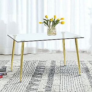 Glass Dining Table，51" Modern Rectangular Table with Spacious Tempered Glass Tabletop & Gold Plated Table Legs，Simplistic Kitchen Table, Versatile Table for Home Office