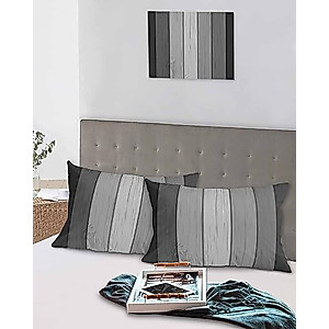 Edwiinsa Black Grey Ombre Pillow Covers King Standard Set of 2 20x36 Bed Pillow, Farmhouse Rustic White Wooden Striped Plush Soft Comfort for Hair/Skin Cooling Pillowcases with Envelop Closure