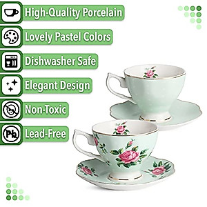 BTaT- Floral Tea Cups and Saucers, Set of 2, 8oz, with Gold Trim and Gift Box, Coffee Cups, Floral Tea Cup Set, British Tea Cups, Porcelain Tea Set, Tea Sets for Women