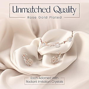 Crystalline Azuria Women 18K Rose Gold Plated White Crystal Roses Flower Set Necklace Earrings Bracelet for Women Wedding Party Bridal Bridesmaid Accessories