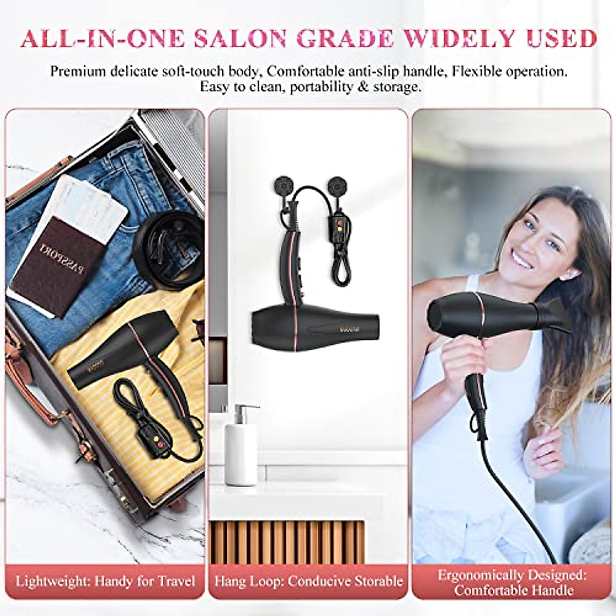 WADODO Ionic Hair Dryer, 2200W Professional Blow Dryer Fast Drying Travel Hair Dryer with Diffuser, AC Motor Constant Temperature Low Noise Ion Hair Dryers Curly Hairdryer Blowdryer for Women Men