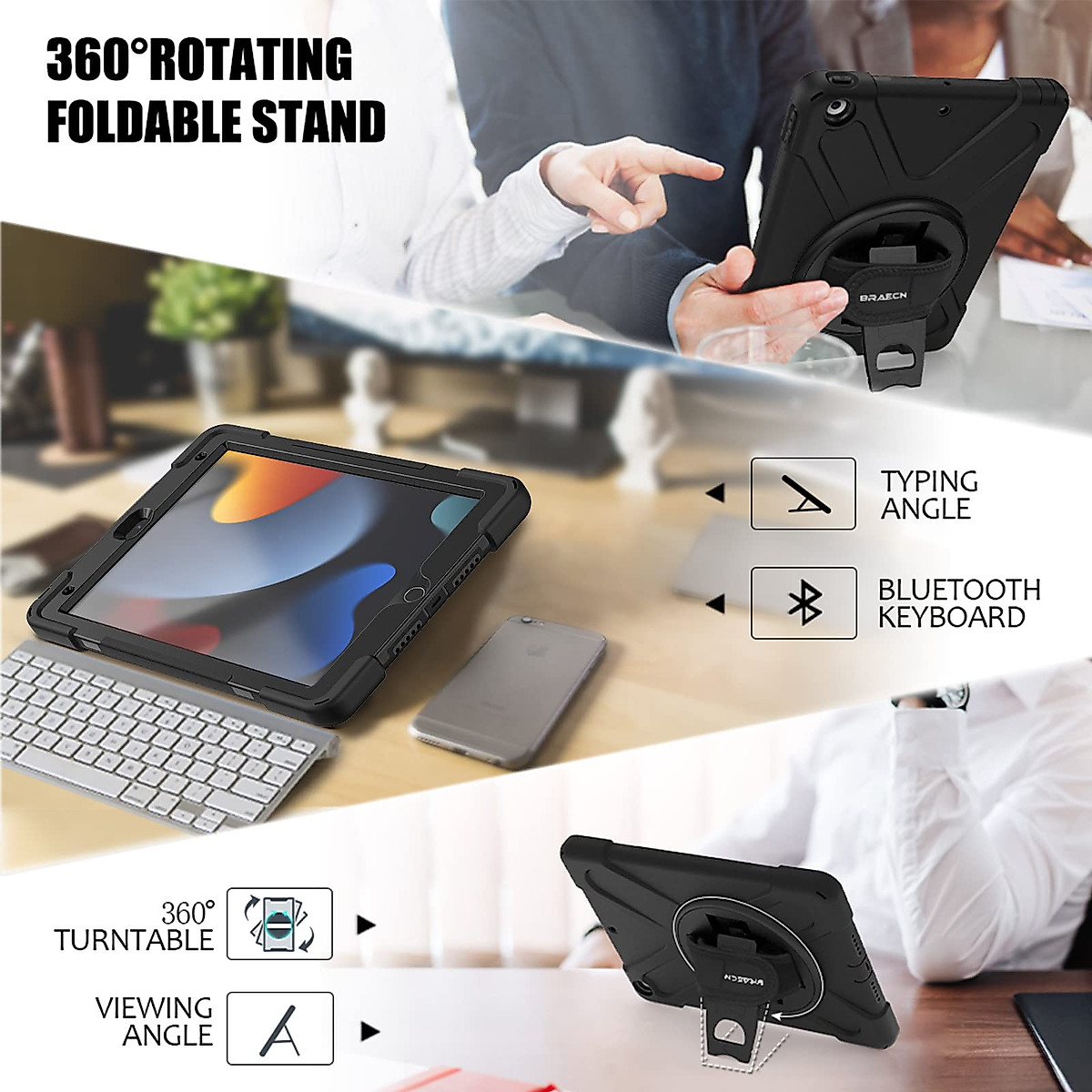 BRAECN for iPad 9th/8th/7th Generation Case, iPad 10.2 2021/2020/2019 Case with Built in Screen Protector, Hand Strap, Swiveling Stand, Carrying Strap, Heavy Duty Rugged Case for iPad 10.2 Inch