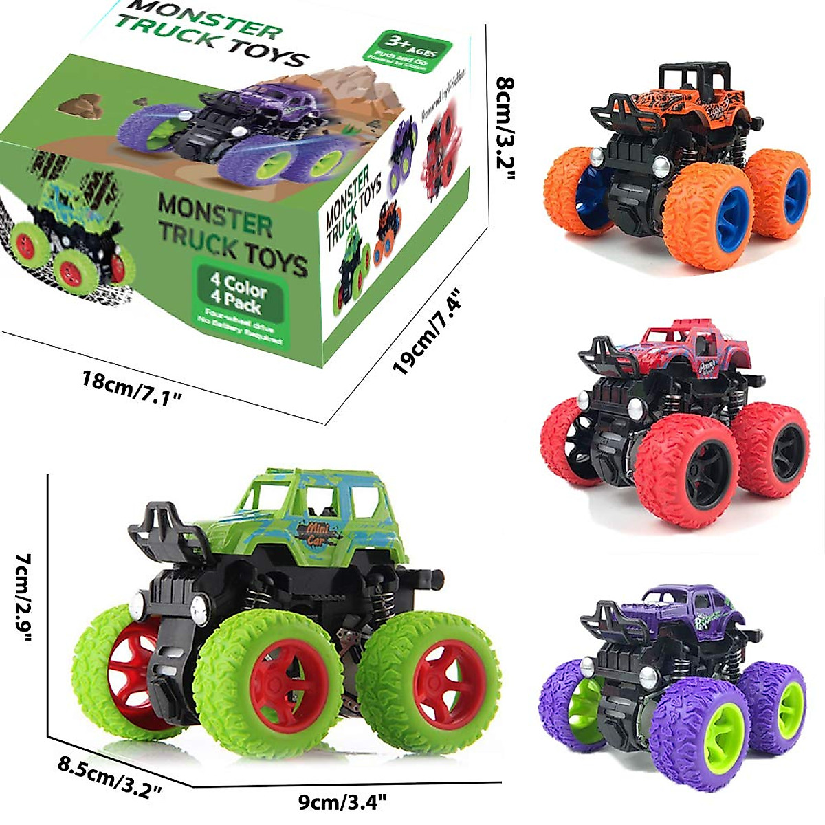 Monster Trucks for Boys, 4 Pack Pull Back Vehicles Cars for Toddlers, 360° Rotation 4 Wheels Drive Durable Friction Cars Powered Push and Go Toys Truck Playset Gift for 3 4 5 6 7 8 Year Old Kids Girls