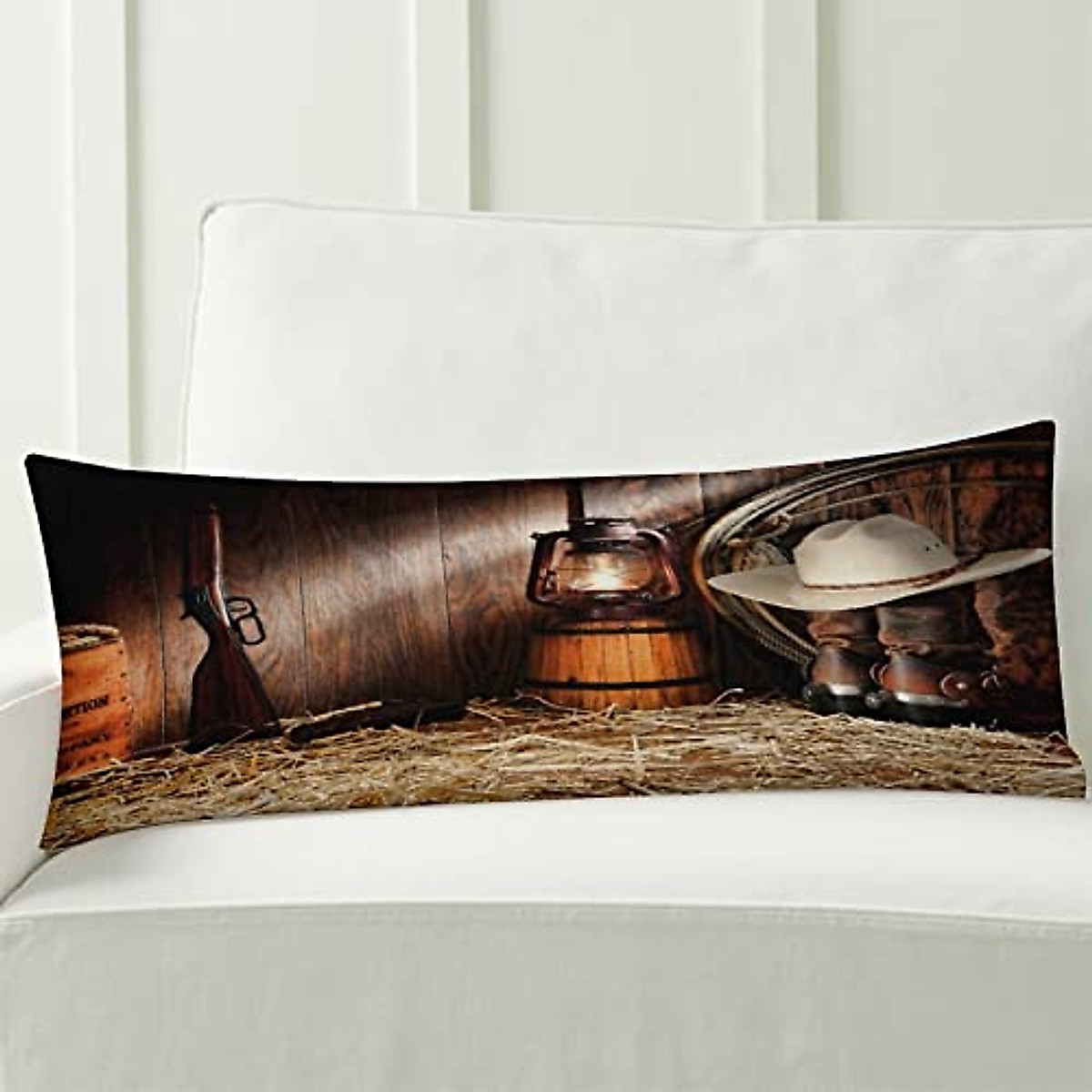 Body Pillow Cover,Western Theme Rodeo Cowboy Boots Hat Gun Lantern Printed Long Pillow Cases Protector with Zipper Decor Soft Large Covers Cushion for Beding,Couch,Sofa,Home Gift 20"x54"