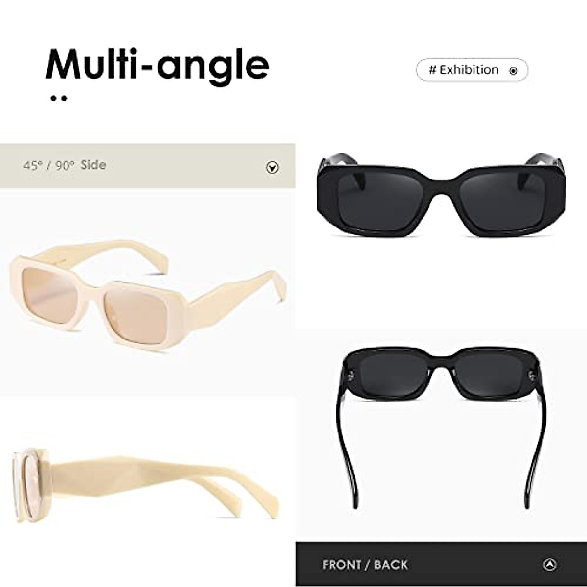 kimorn Rectangle Sunglasses for Women Men Trendy Retro Trendy Sun Glasses 90’s Vintage Square Frame K1307 (Black+Off-white Frame Grey Lens)