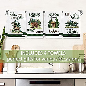 Hexagram Cabin Decor, Cabin Kitchen Towels Set of 4, Farmhouse Bear Deer Tea Towels, Log Cabin Decor, Rustic Decorative Hand Towels for Kitchen, New Home Housewarming Gifts