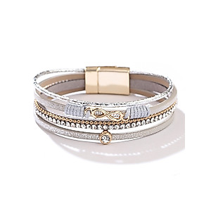Long tiantian Leather Wrap Bracelet for Women Rhinestone Infinity Bracelet Modern Boho Cuff Bracelet Womens Leather Cuff Multi Strand Bracelets for Women s(grey)
