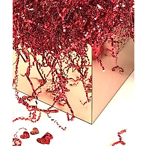 PAPER FAIR 1 LB Valentine's Day Crinkle Cut Paper with Rose Gold Heart Confetti, Metallic Red Paper Shred Filler Strand Raffia Tissue Craft Bedding Cushion, Christmas Party Birthday Gift Box Basket Retail